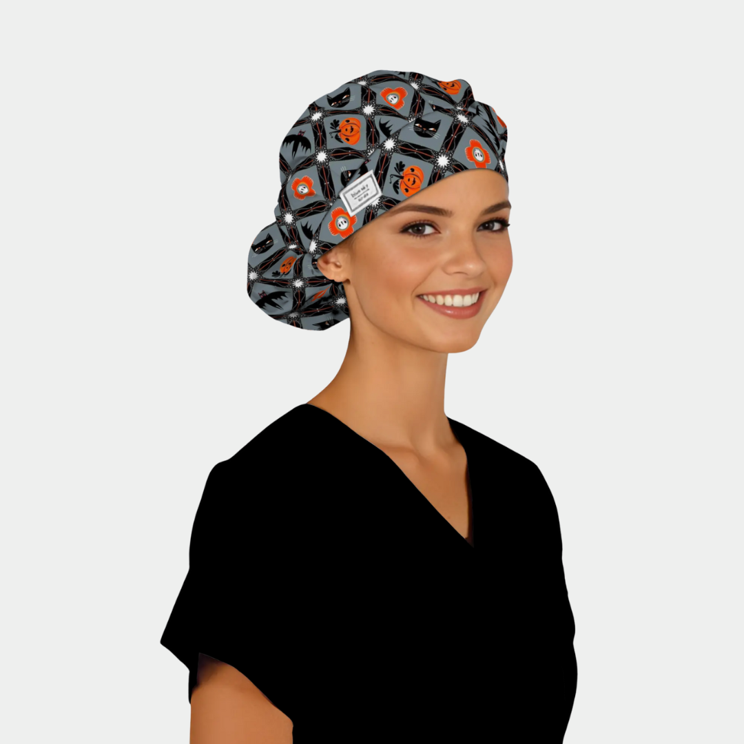 Cryptic Crosshatch - Poppy Bouffant Surgical Scrub Caps