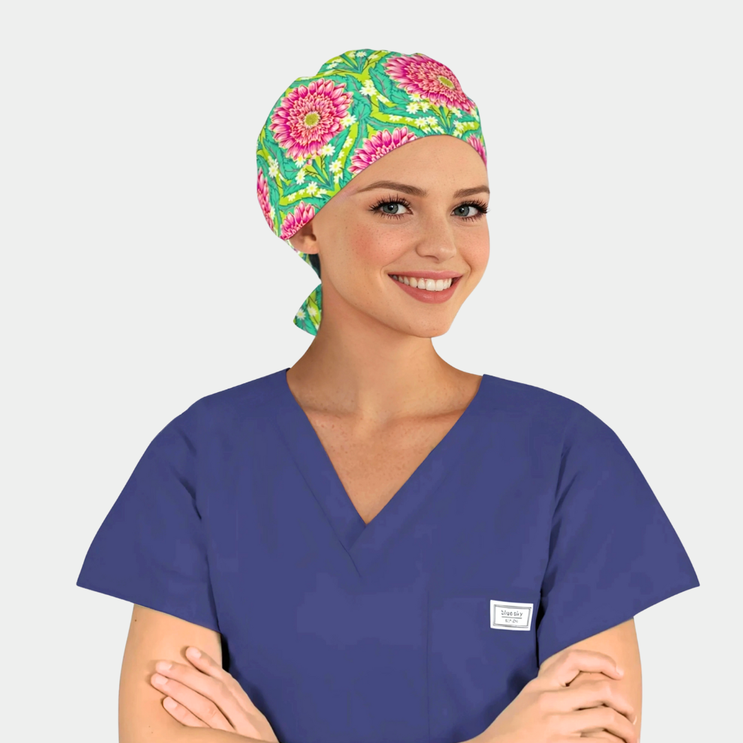 woman wearing a navy blue scrub top and a scrub cap that has bright pink flowers and green vines