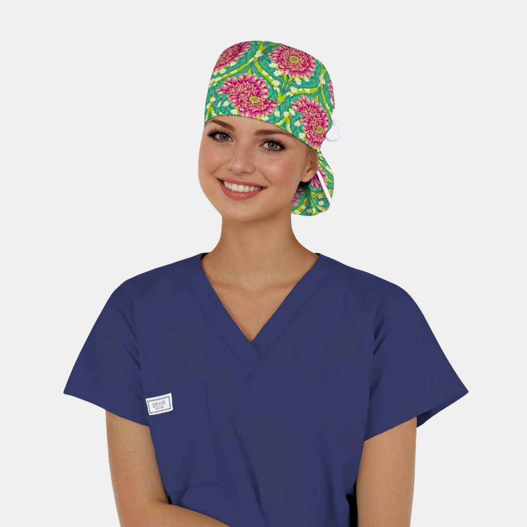 woman wearing a floral scrub cap with pink flowers and a navy blue ...