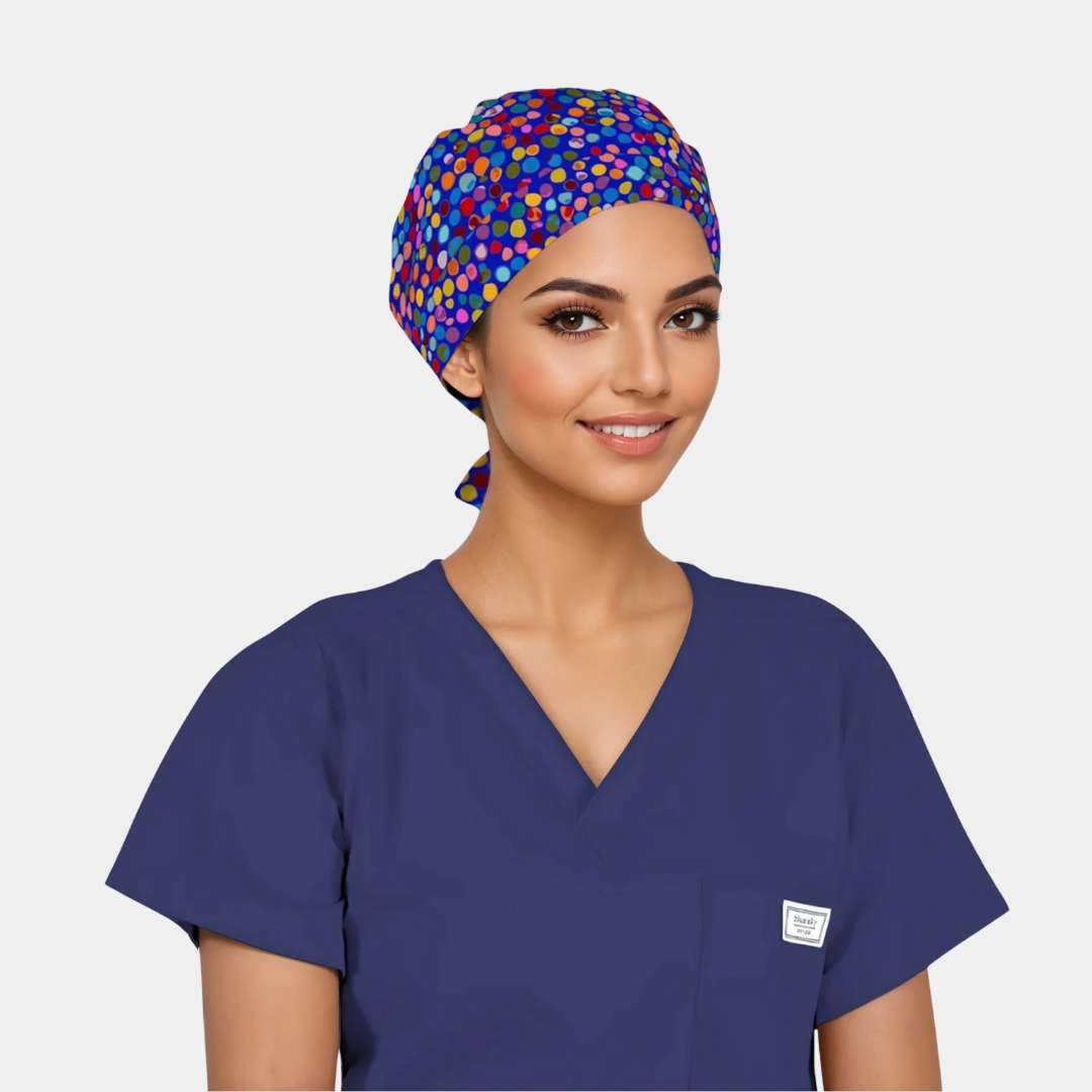 Woman wearing a colorful polka dot scrub cap and navy blue scrub top on ...