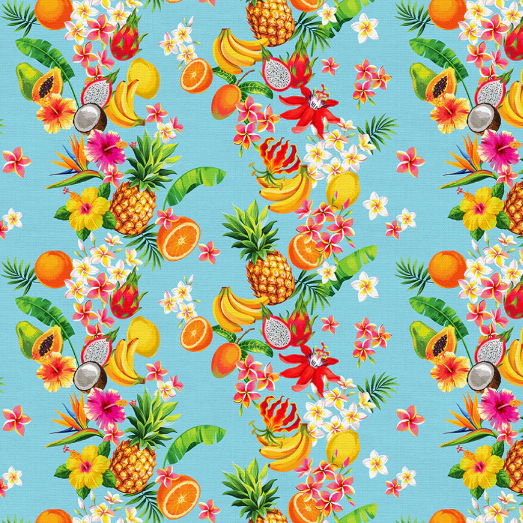 Colorful pattern of tropical fruits and flowers on a blue background