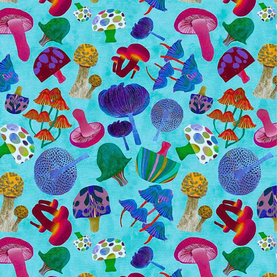 Colorful mushroom pattern on a blue background
