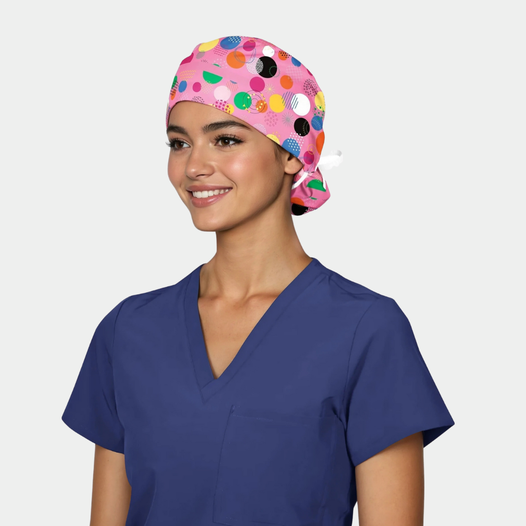 Person wearing a colorful polka dot scrub cap and blue scrub top on a ...