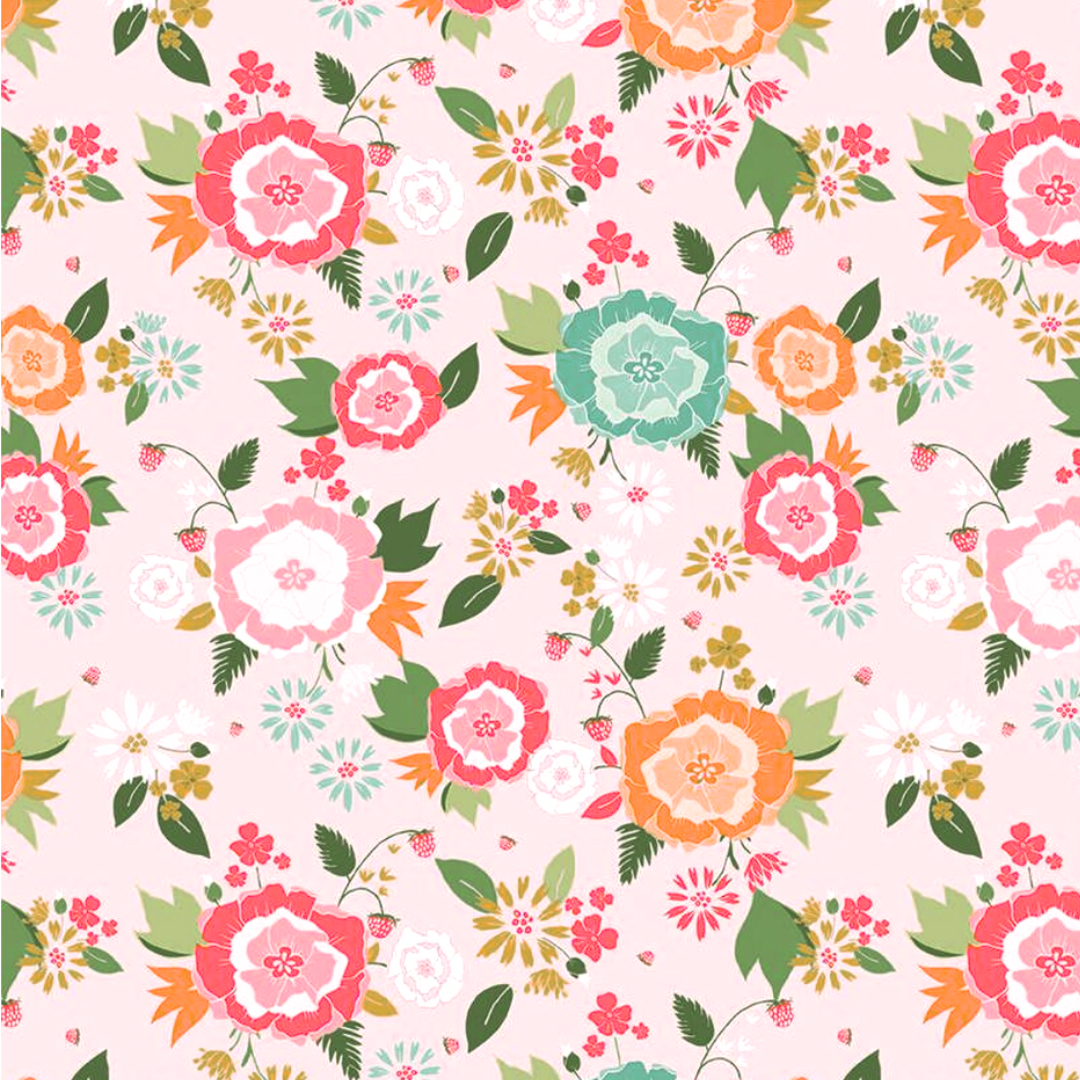Colorful floral pattern on a pink background