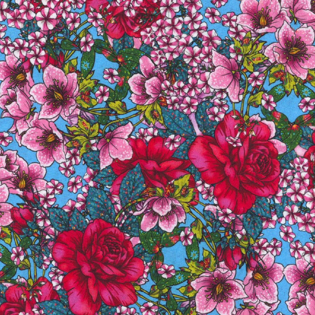 Colorful floral pattern with pink and red flowers on a blue background