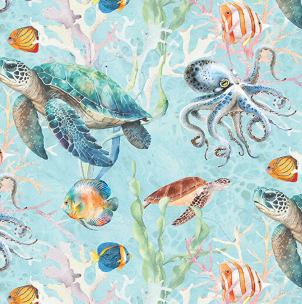 Underwater scene with turtles, octopus, and fish on a light blue background