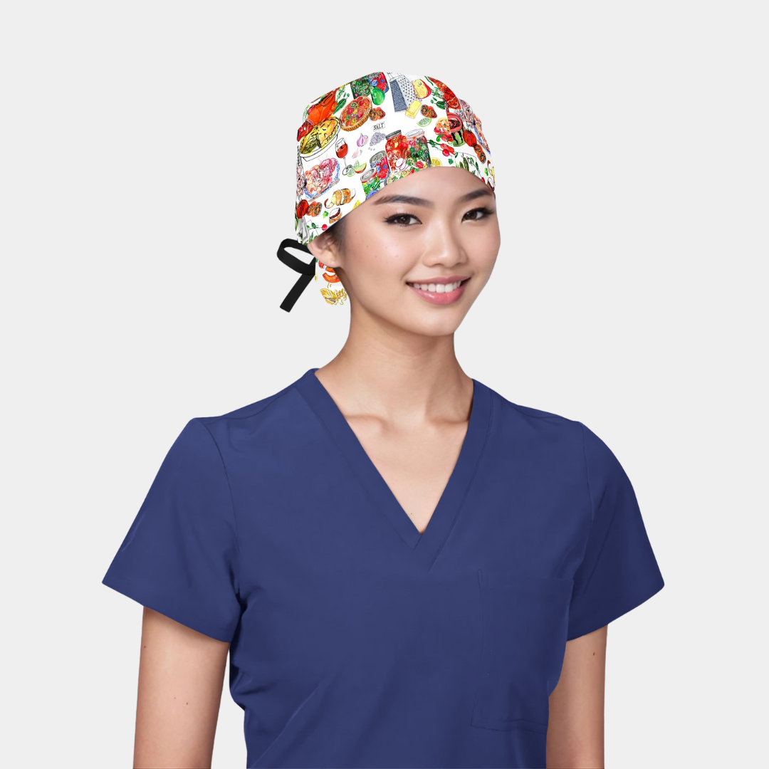 scrub-hat-women-bon-appetit-food-print-pattern-blue-sky-scrubs_jpg.png ...